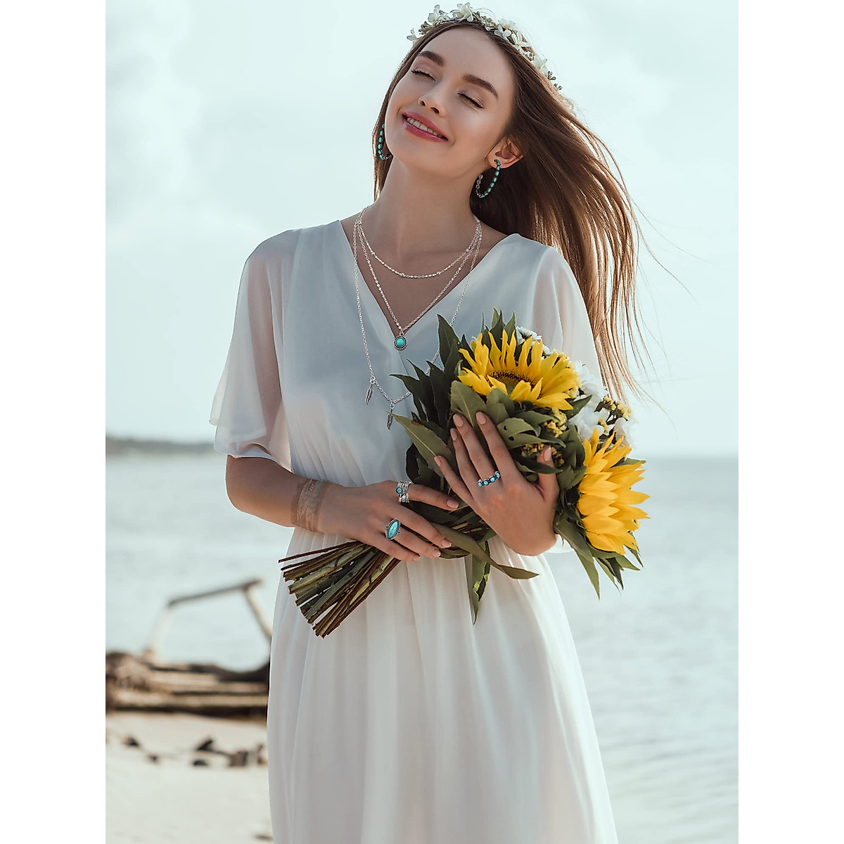 Ecally Bohemian Western Jewelry Turquoise Set Women Bohemian Pendant Long Choker Layered Bracelets Turquoise Earrings Ring(Boho)