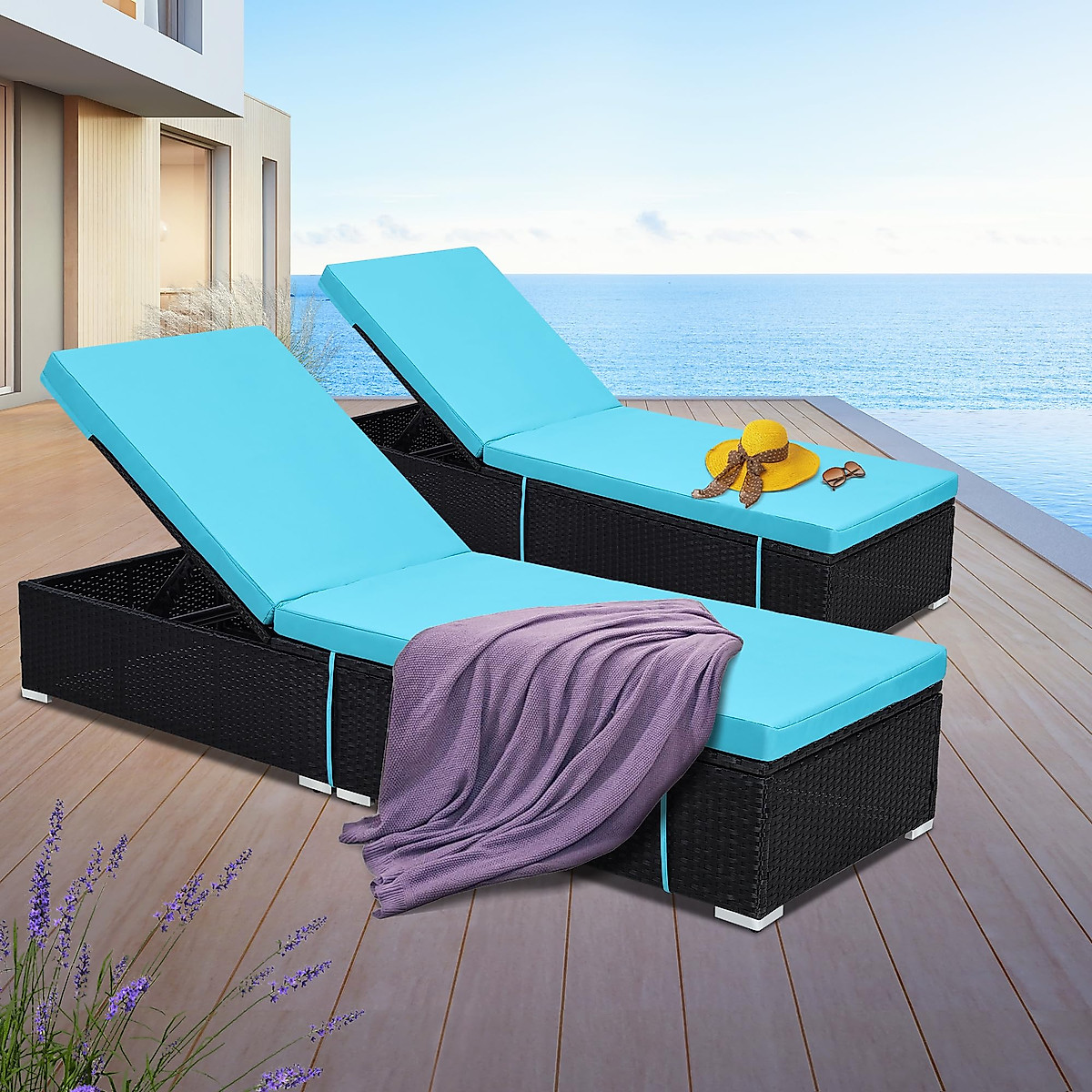 Murago Outdoor Patio Rattan Wicker Chaise Lounge Chair, Set of 2, Adjustable Backrest, Waterproof Cushion, Ideal for Pool, Black Frame with Blue Cushion