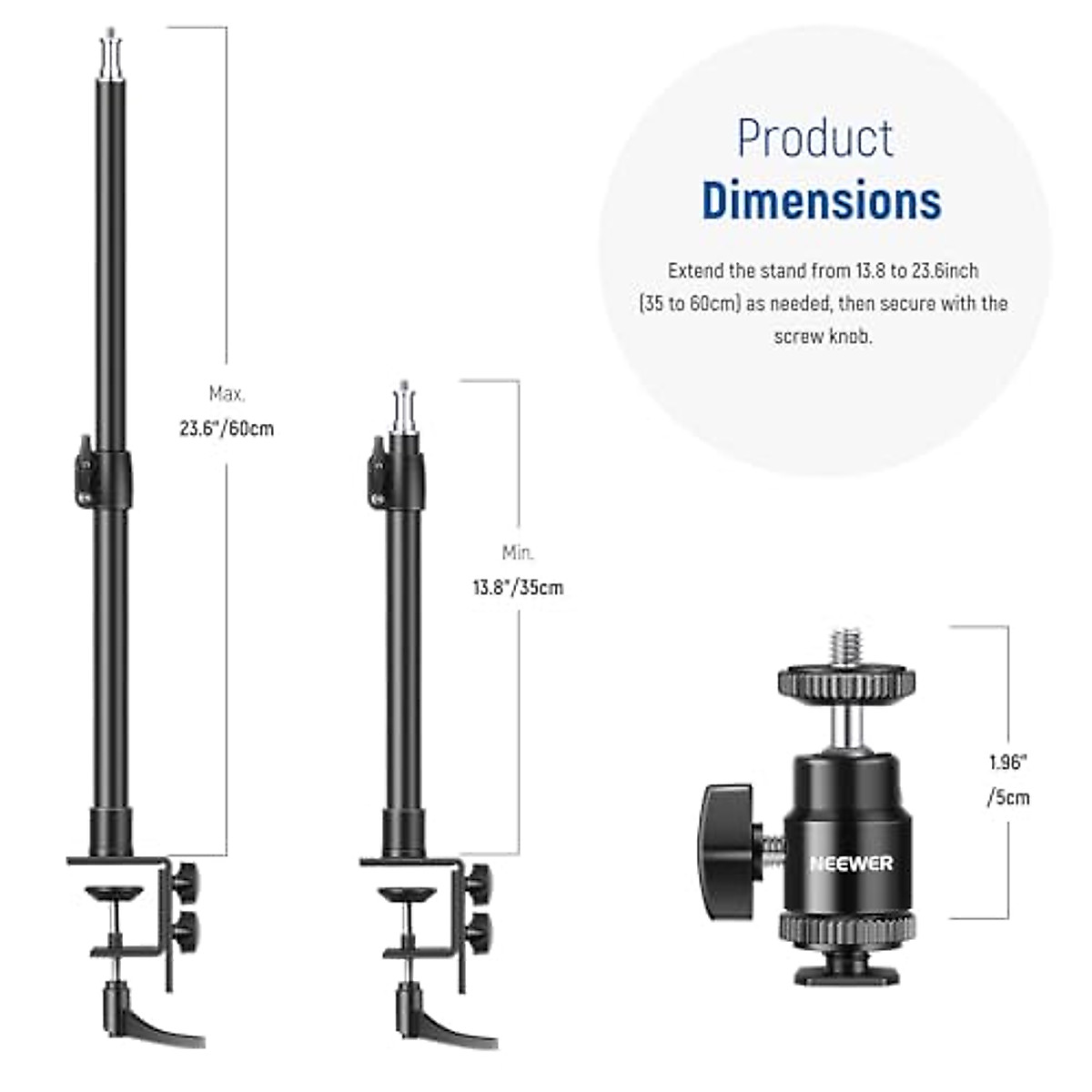 NEEWER Camera Desk Mount with C Clamp, 2 Pack 13.8"-23.6" Adjustable Desktop Light Stands with 1/4" Ball Heads Cold Shoe Adapters Long Handles for Webcam DSLR Camera Monitor Ring Light, Max Load 5kg