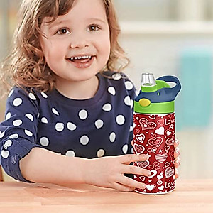 12 oz Kids Water Bottle, Valentine's Day Heart Stainless Steel Vacuum Insulated Flask with Straw Lid Double Wall Leakproof Thermos Reusable Toddlers Tumbler for School Girls Boys