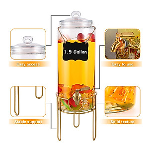 1.5 Gallon Drink dispenser, Glass Beverage Dispenser With Stand, Drink Dispensers for Parties With Stainless Steel Spigot + Marker & Chalkboard 100% Leakproof. Perfect For Parties And Daily Use