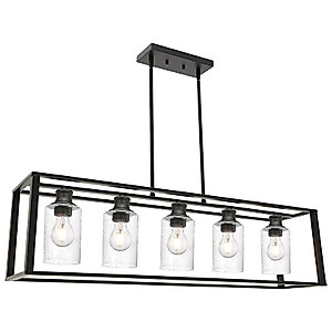 Wanluce Rectangular Chandelier for Dining Room 5 Light Matte Black Lights Fixtures with Glass Shade Farmhouse Linear Industrial Modern Hanging Lighting