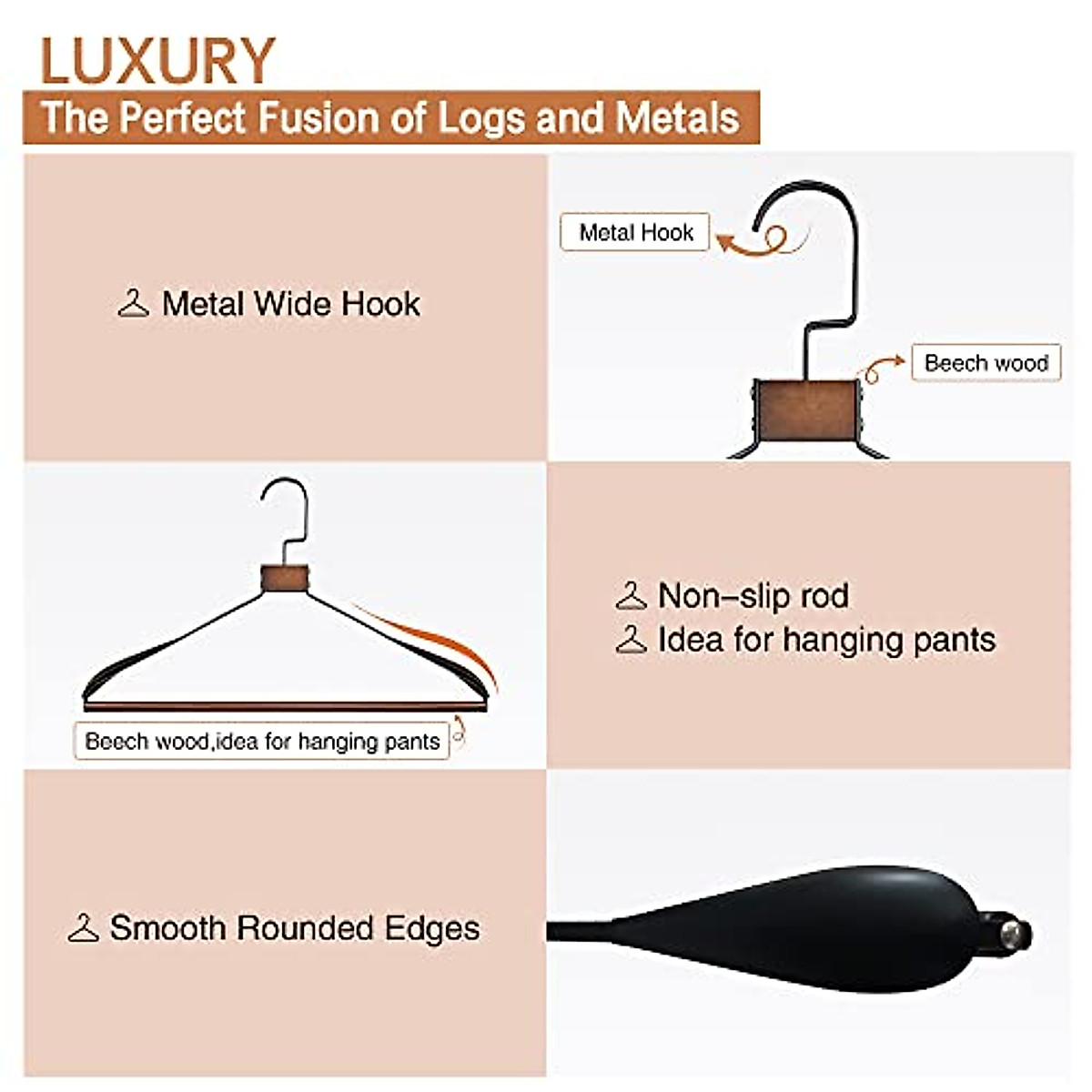 Wooden Clothes Hangers Wide Shoulder Suit Hangers Heavy Duty,Metal Hangers for Coat, Jacket,Pant,Dress, Coat Hangers for Closet Pack of 5