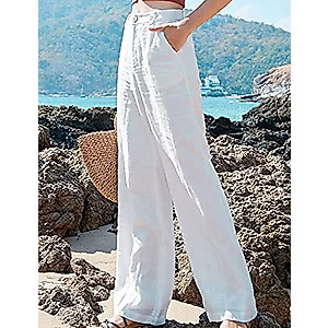 Hooever Womens Casual High Waisted Wide Leg Pants Button Up Straight Leg Trousers (White, M)