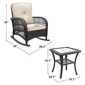 3 Pieces Outdoor Wicker Rocker Patio Bistro Set, Rocking Chairs with Tempered Glass Table Side Table, Outdoor Wicker Rocking Chair with Cushions Dark Brown