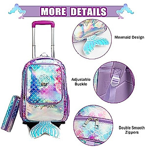 Oruiji Mermaid Rolling Backpack for Girls Backpack with Wheels for Elementary Girls with Lunch Box Wheeled Trolley Suitcase Travel Luggage