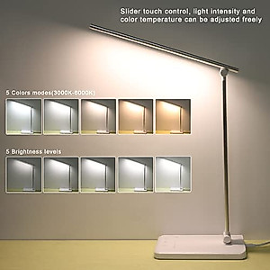 Aourow Desk Lamp LED Dimmable,Table Lamp with 5 Light Modes and 5 Brightness Levels for Home Office,Touch Desk Light with 45 Minute Timer for Bedside Reading,White(USB Charger NOT Included)