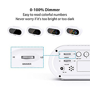 REACHER Small Colorful LED Digital Alarm Clock with Snooze, Simple to Operate, Full Range Brightness Dimmer, Adjustable Alarm Volume, Outlet Powered Compact Clock for Bedrooms, Bedside, Desk, Shelf