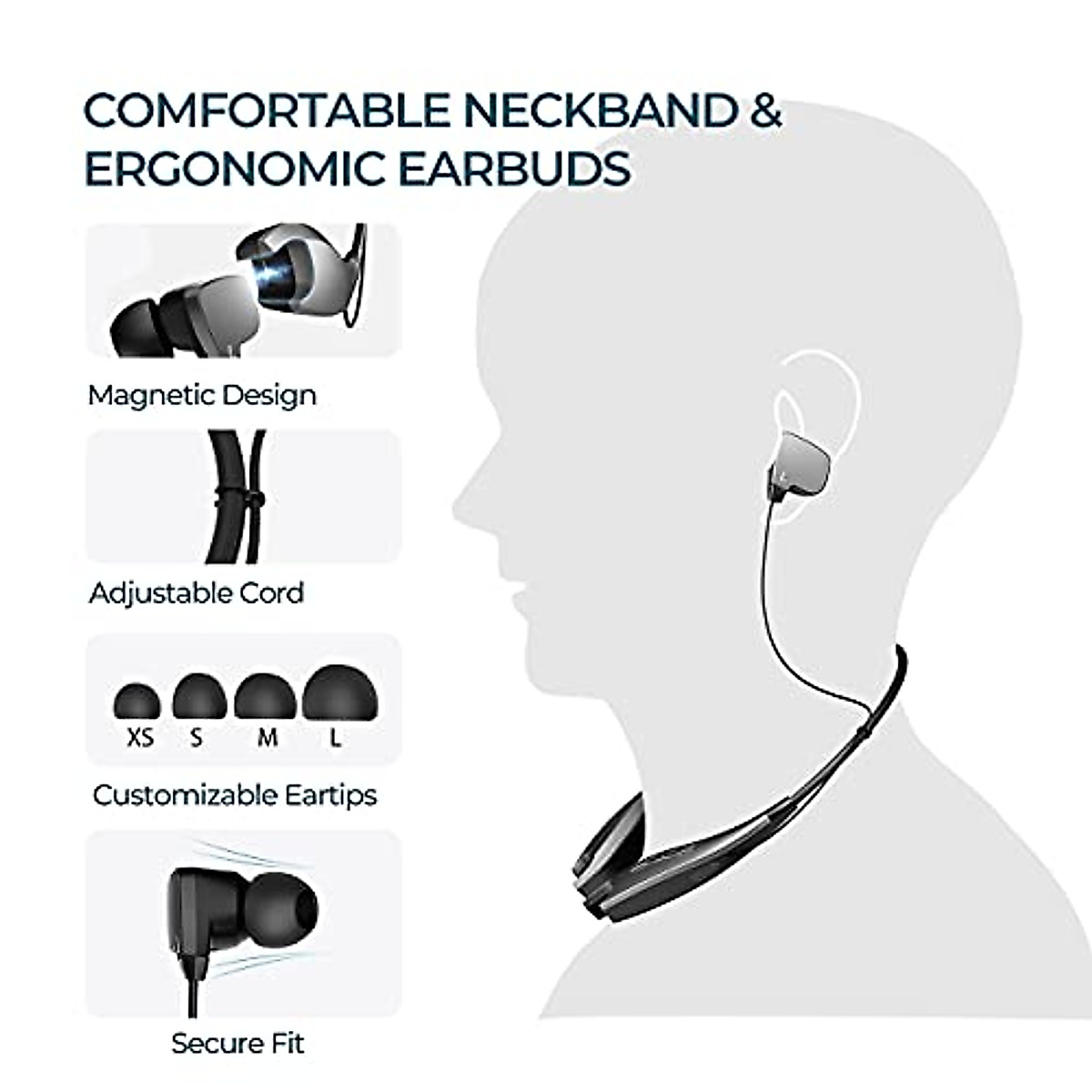 Redzoo Neckband Headphones, Around The Neck Bluetooth Headphones w/Noise Cancelling Microphone, Bluetooth Headset w/ 22hrs Playtime, Neck Earphones Stereo Bass, for Music, Conference, Video, Call