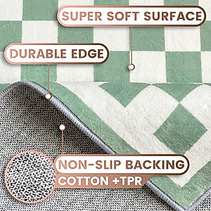 Washable 5x7 Checkered Area Rug for Living Room, Sage Green Checkerboard Modern Boho Large Rugs, Ultra Thin Low Pile Lightweight Indoor Carpet with Non-slip Backing for Bedroom Classroom Playroom Kids