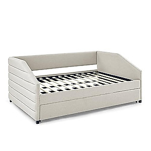 Eafurn Upholstered Daybed with Twin Size Trundle Bed and Wooden Slatted, Modern Linen Upholstered Full Size Day Bed Tufted SofaDaybed Frame and A Trundle, No Box Spring Needed, Furniture for Bedroom