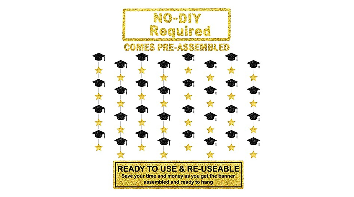 Shop Black & Gold Glitter Graduation Cap Garland 2023 | No DIY