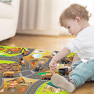 DigHealth Construction Vehicles Toys Set with 32×28 Inches Play Mat, 8 Mini Alloy Engineering Trucks and 7 Road Signs, Excavator and Dumper Truck Toy Gift for 3 4 5 6 7 Years Old Kids, Boy and Toddler