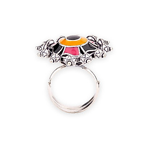 VOYLLA Women's Kalbelia Enamel Embellished Ring (Silver)