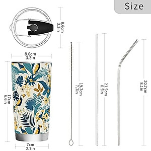 Tropical Style Leaves and Bird Pattern Yellow and Blue Stainless Steel cups with lids with Straw Lid coffee mug to go for outdoor safe insulated tumbler with lid 20 OZ