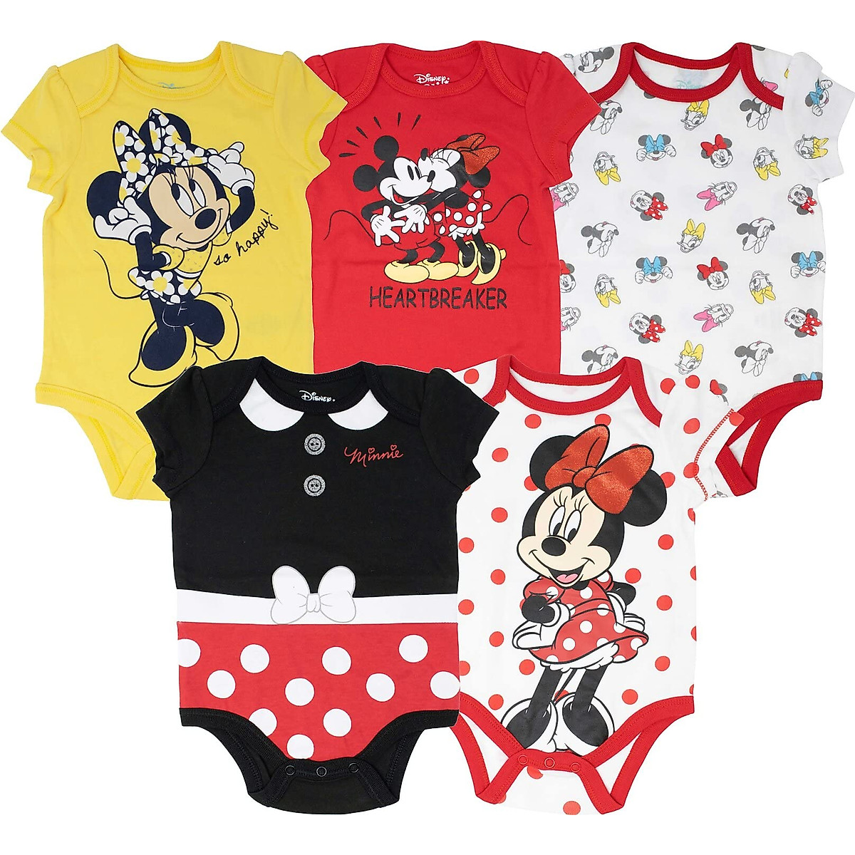 Disney Minnie Mouse Mickey Mouse Donald Duck Newborn Baby Girls 5 Pack Bodysuits Yellow 0-3 Months