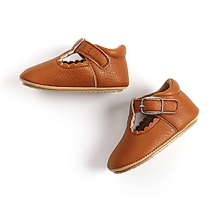 SOFMUO Baby Girl Mary Jane Flats Shoes Non Slip Soft Sole Infant Toddler First Walker Wedding Princess Dress Crib Shoes(A0/Brown,12-18 Months