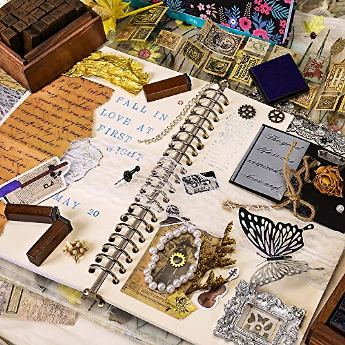 Toptime Letter Stamps, 56pcs Alphabet Stamps with Weeks and Weather, Number Stamps with Wooden Case, Vintage Symbol Wood Stamps with Ink Pads Rubber Stamps for Crafting, Card Making, Scrapbooking