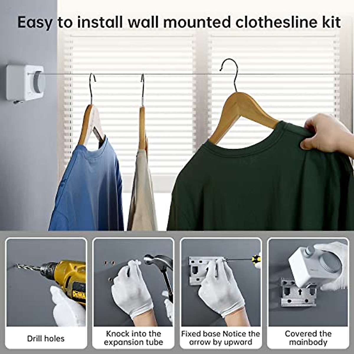 Mbillion Retractable Clothesline Heavy Duty Clothes Drying Laundry Line for Indoor Outdoor Retracting Hanging Clothing Drying with Retract Rotating Knob to Prevent Sagging White