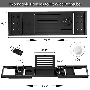 Bamboo Bathtub Tray for Luxury Bathroom, Expandable Premium Bath Tray w/Soap Towel Book Holder, Adjustable Bath Accessories for Tub,Extendable Tub Tray with Wine Glass Cup Organizer 29.5"-43.3" Black