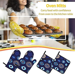 EZDNAGP 4pcs Oven Mitts and Pot Holders Sets Oven Kitchen Gloves Hot Pads for Cooking BBQ Baking Grilling - Magic Evil Eyes