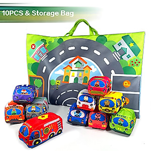 Soft Car Toy Set with Play Mat for 1 Year Old Baby, 10 Vehicle, 1 Play Mat Storage Bag, Baby Toys 12-18 Months, Early Educational Toys Birthday Gift, Toys for 1 2 3 Year Old Toddlers Boys Girls
