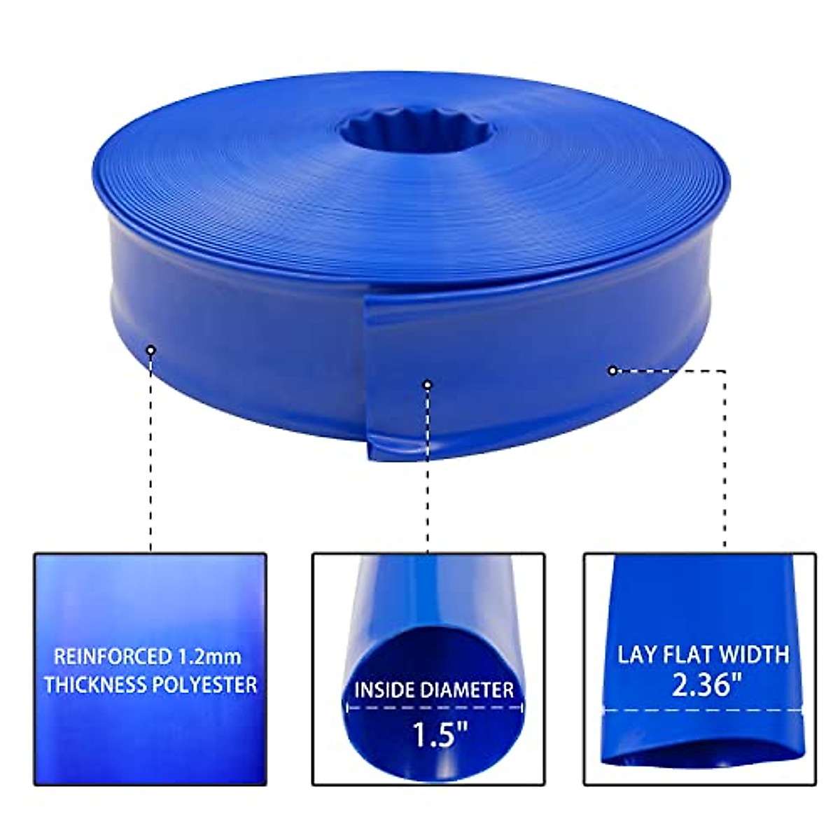 Poolvio 1-1/2" x 100' Professional Blue Backwash Hose with Clamps, General Purpose Reinforced PVC Lay-Flat Water Discharge Hose,for Use While Back-Washing Filters and Draining Pools