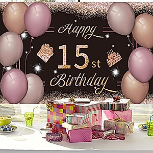 Happy 15st Birthday Backdrop Banner Black Pink 15th Sign Poster 15 Birthday Party Supplies for Anniversary Photo Booth Photography Background Birthday Party Decorations, 72.8 x 43.3 Inch