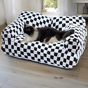 FORMYCATIE Pet Couch Bed, Washable Cat Beds for Medium Small Dogs & Cats up to 25 lbs, Soft Calming Cat Sofa Beds for Indoor Cats Anti-Slip Bottom，Fluffy Cat Couch (White)