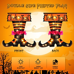 Qunlight Halloween Trick Or Treat Graden Flag lights without flag pole, Double Sided Witch Feet Flag Banner 17.1*17.2Inch ,16 Warm White LED with 8modes Solar Panel, Decorations for Outdoor,Yard ,Home