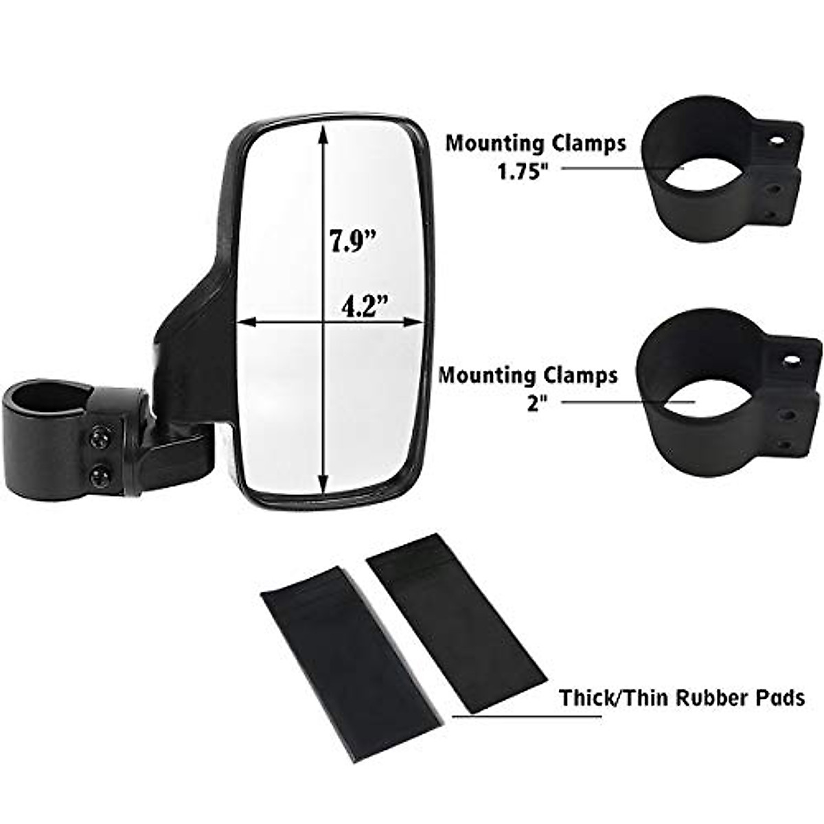 SPAUTO UTV Side Mirrors For 1.6" - 2" Roll Cage Bar, UTV Mirrors Compatible with Kawasaki Mule Yamaha Rhino YZX Pioneer Polaris Shatter-Proof Tempered Glass(Fits Driver and Passenger Side)