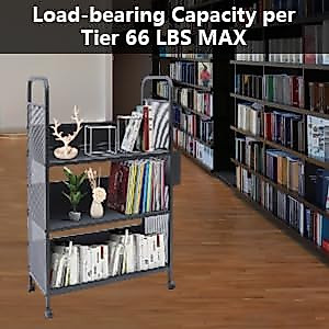 DDBESSIC Rolling Book Cart, 3 Tier Book Rack Storage Bookshelf with 3 Flat Shelves, Movable Bookcase with Wheels Utility Organizer Cart Side Literature Rack