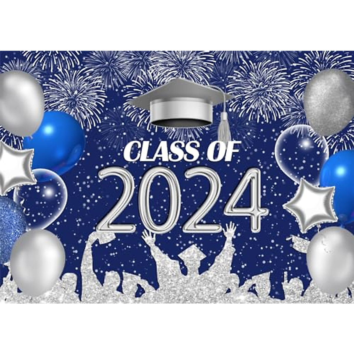 LYCGS 7X5ft Graduation Backdrop Navy Blue and Silver 2024 Graduation Party Backdrop for Class Celebration Graduation Prom Party Decor Supplies Photo Booth Banner X-52