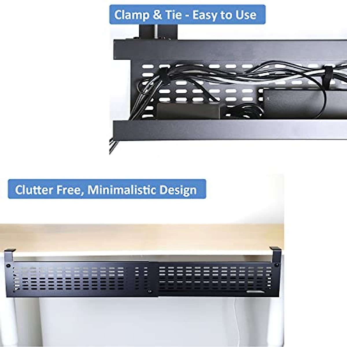 AEONS Under Desk Cable Management Tray Kit - Horizontal Adjustable up tp 41” Desk Organizer Removable C Clamp Mount Reversiable Computer Cord Raceway and Modesty Panel for Large Desk, Black