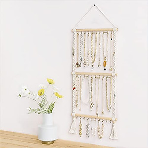 Dahey Hanging Jewelry Organizer Macrame Necklace Holder with 30 Hooks Wall Mounted Jewelry Hanger Over Door Necklace Rack with Tassel for Necklaces Bracelet Earrings Display Headband Bow Organizer