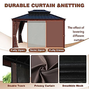 MUPATER 10' x 12' Gazebo, Wooden Finish Coated Aluminum Frame, with Double Galvanized Steel Hardtop Roof, Netting and Curtains for Garden, Patio, Lawn and Parties