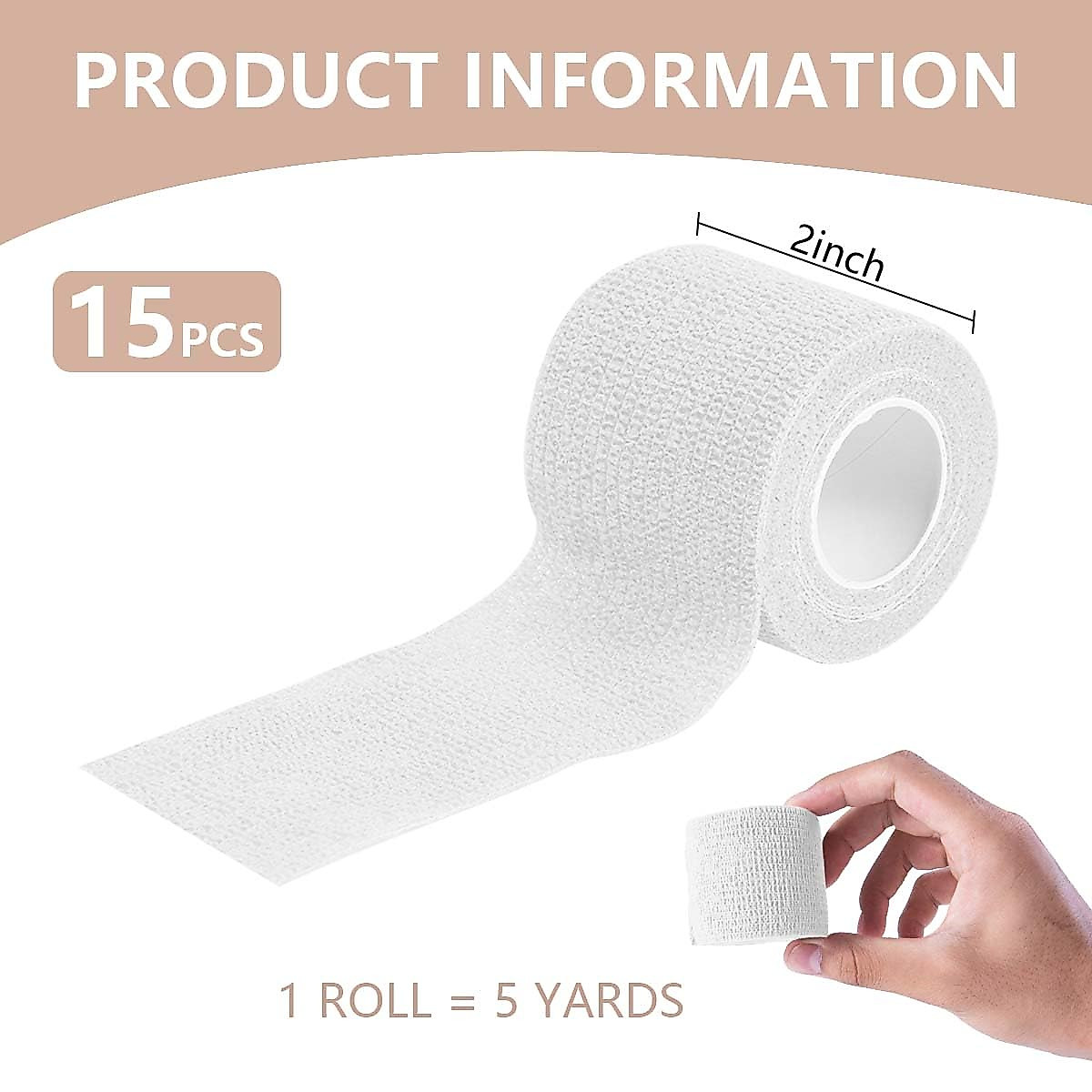 KISEER 15 Pack 2 Inch x 5 Yards White Self Adhesive Bandage Breathable Cohesive Bandage Wrap Rolls Elastic Self-Adherent Tape for Stretch Athletic, Sports, Wrist, Ankle