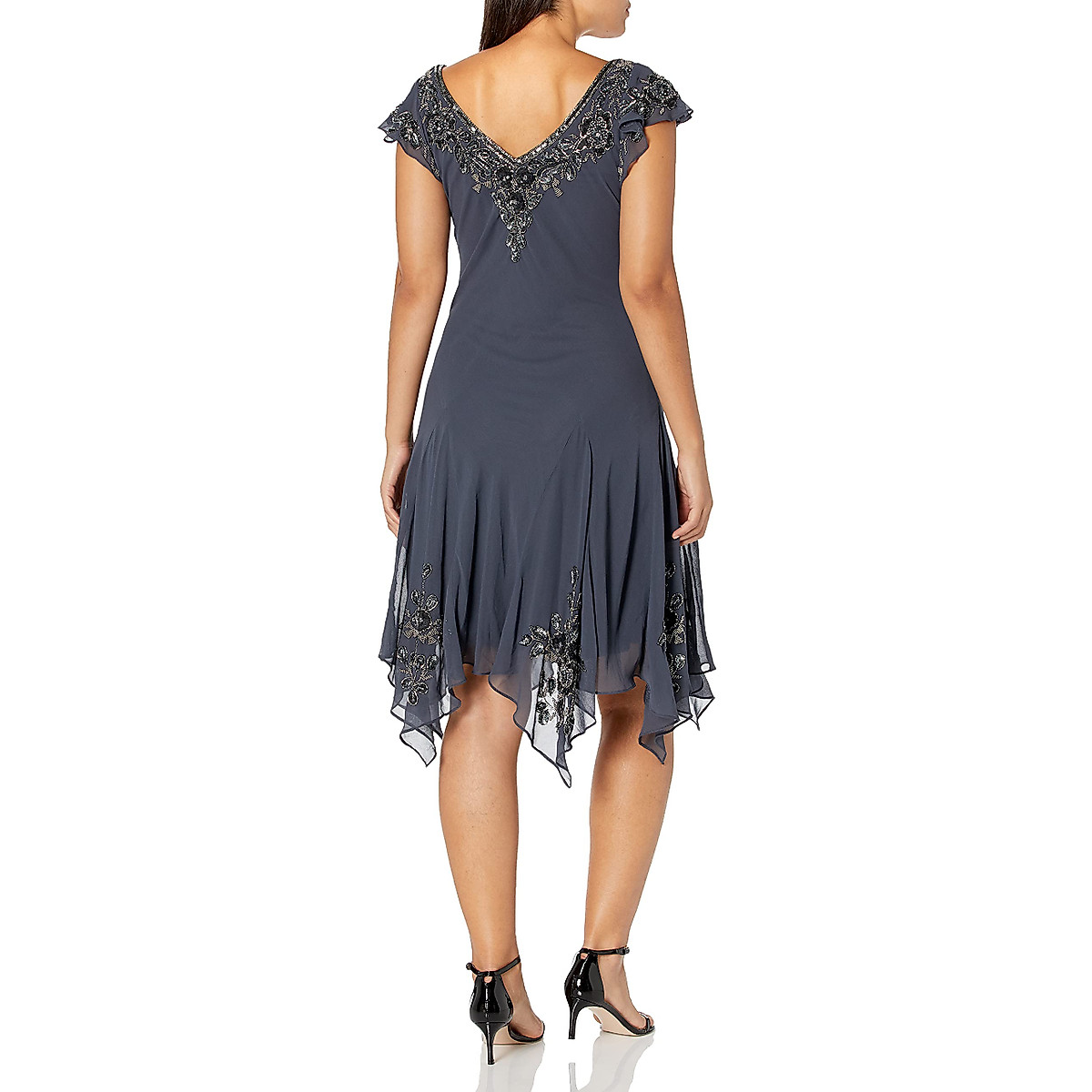 J Kara Women's Flutter Sleeve Hanky Hem Short Cocktail Beaded Dress, Grey/Black/Mercury, 12