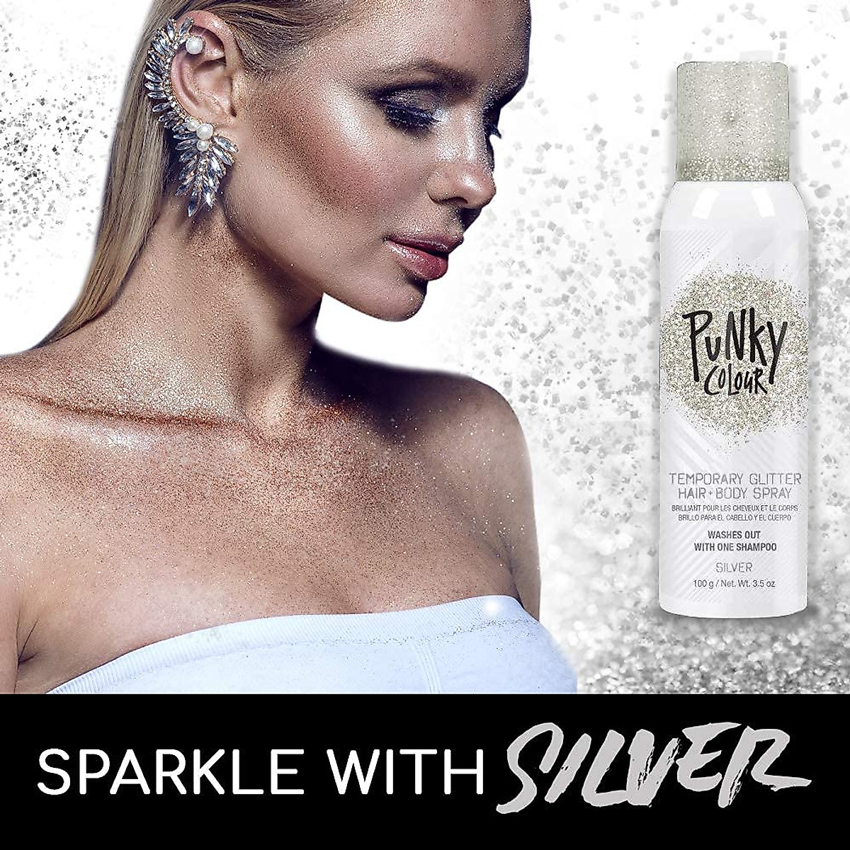 Punky Temporary Hair and Body Glitter Color Spray, Travel Spray, Lightweight, Adds Sparkly Shimmery Glow, Perfect to use On Hair, Skin, or Clothing, 3.5 oz - SILVER