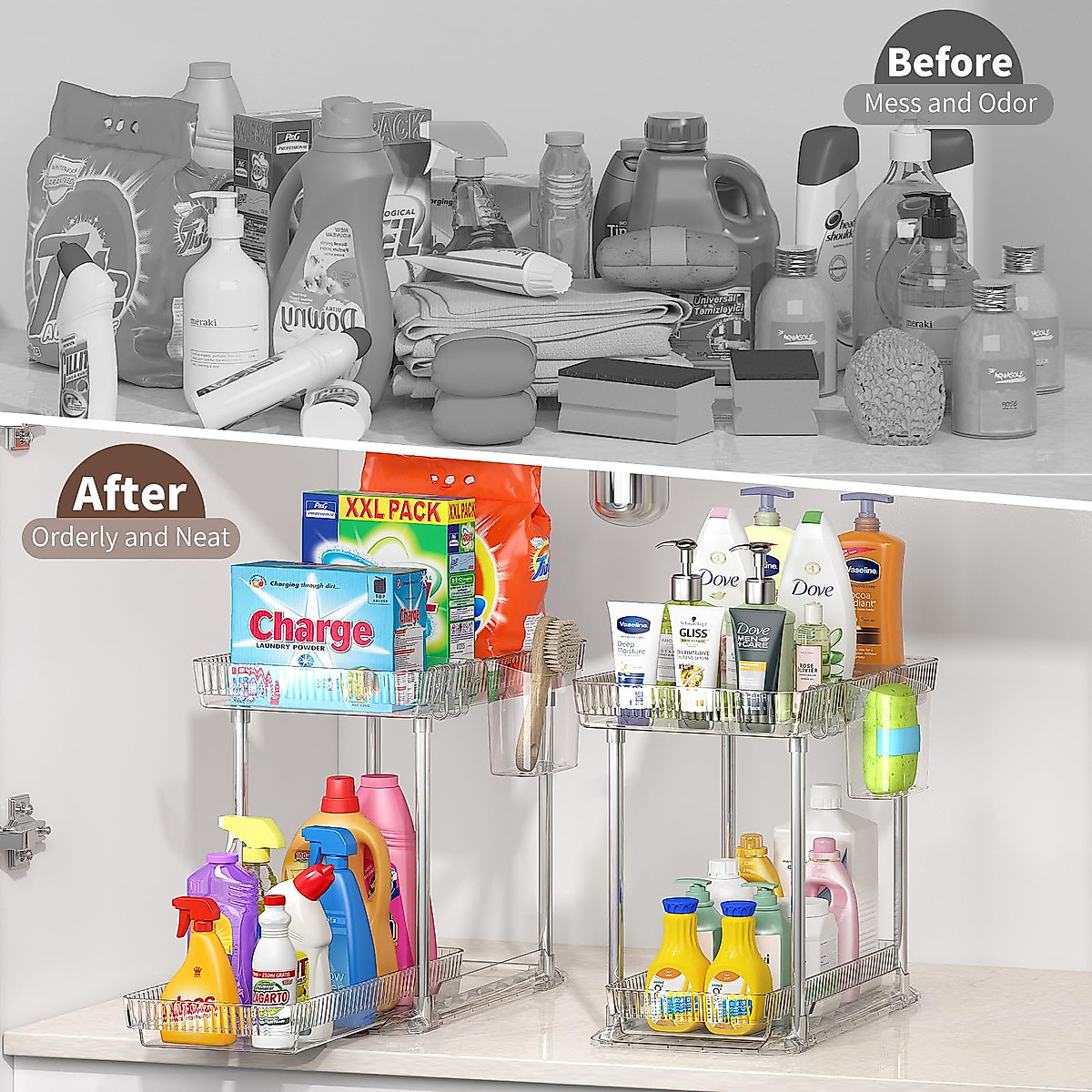 2 Tier Bathroom Cabinet Under Sink Organizers and Storage Clear, Multi-Purpose Kitchen Pantry Organization and Storage, Pull Out Medicine Cabinet Organizer Storage with Movable Dividers & Cups, 2 Set