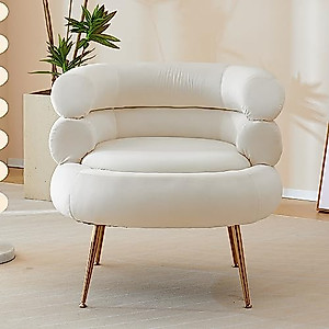 Modern Accent Chair with Ottoman - Barrel Chair with Golden Metal Legs - Velvet Single Sofa Reading Chair - Upholstered Tufted Lounge Chair - Armchair with Footrest for Bedroom Living Room - Beige