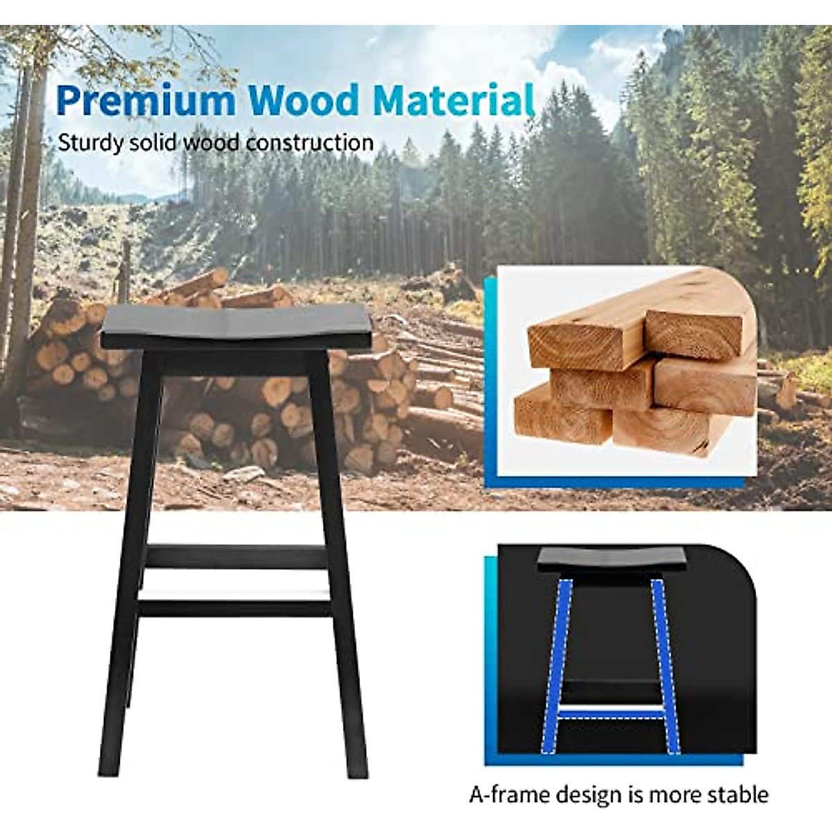 Capacmkseh Solid Wood Saddle-Seat Kitchen Counter Barstools Set of 2, 30-Inch Height, Counter Height Bar Stools Wooden Stool Saddle Chair Tall Stool