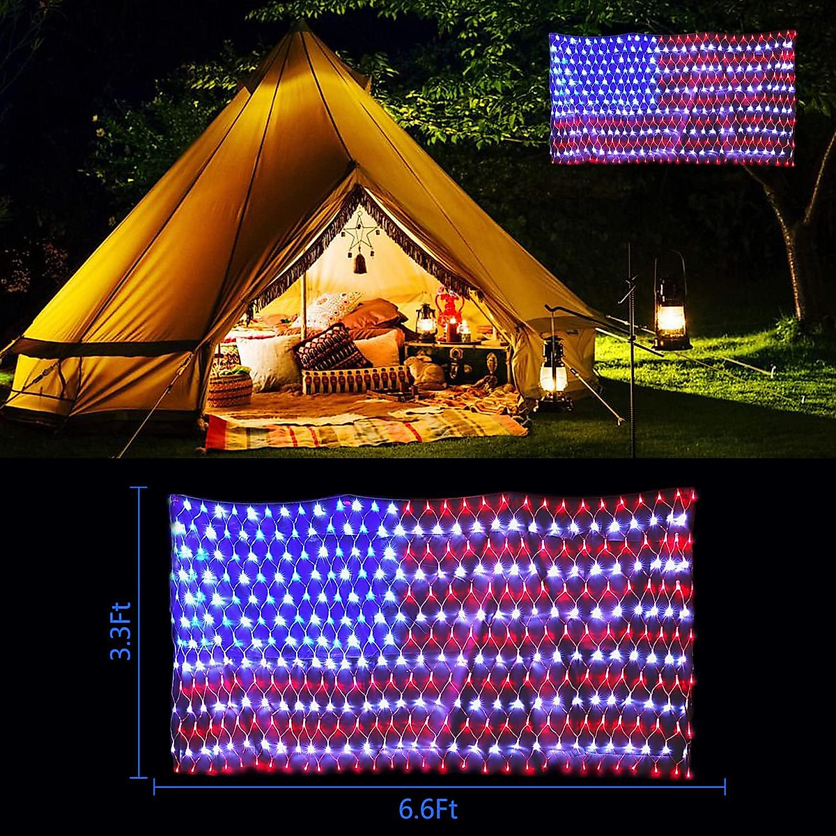 Solar American Flag String Lights - Waterproof 420 Led Solar Powered Flag Net Light for 4th of July Memorial Day Decorations Yard Garden Christmas Festival Holiday Patriotic Party Decoration Outdoor