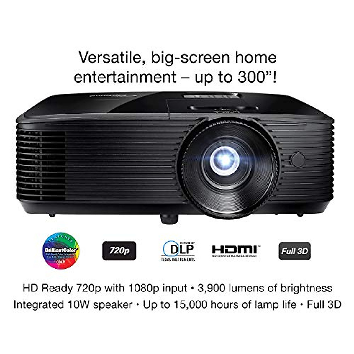 Optoma H190X Affordable Home & Outdoor Movie Projector | HD Ready 720p + 1080p Support | Bright 3900 Lumens for Lights-on Viewing | 3D-Compatible | Speaker Built in