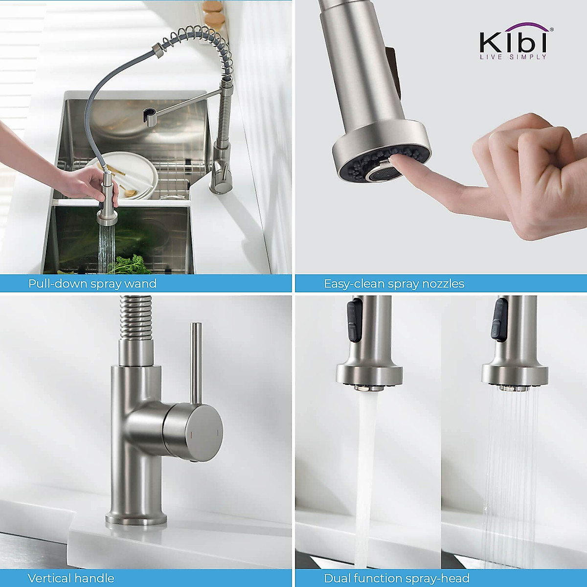 KIBI Aurora Single Handle Spring Pull Down Faucet for Kitchen Sink | Solid Brass High Arc Faucet Spout | Kitchen Faucet with Pull Down Sprayer (Brushed Nickel) (KKF2003) (Soap Dispenser included)