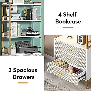 Tribesigns Gold White Bookshelf with 3 Drawers, Tall Ladder Shelf Bookcase with Storage, Modern Bookcases and Book Shelves 4 Shelf Organizer, Metal Wood Book Shelving Unit for Bedroom, Office