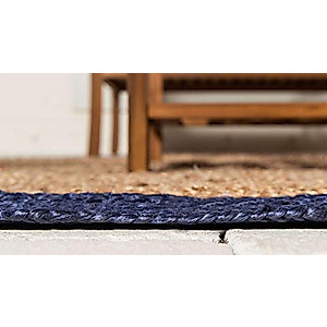 Unique Loom Braided Jute Collection Classic Quality Made Natural Hand Woven with Solid Color Detail Area Rug (8' 0 x 8' 0 Round, Natural/ Navy Blue)