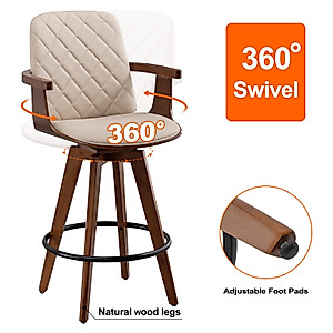 WUPOTO Bar Stools Set of 2, Upholstered Faux Leather Counter Height Bar Stools, Swivel Barstools with Wooden Arms and Legs (Beige, 30" Seat Height)