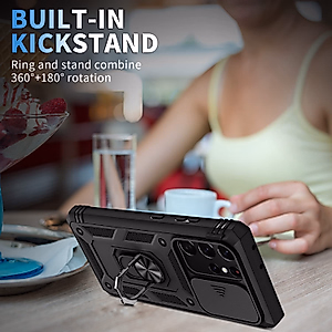 PASNEW for Samsung Galaxy S21 Ultra Case,360° Metal Ring Kickstand & Camera Cover Slide & Charge Port Dust Plug,Military Heavy Duty Full Body Shockproof Hard Shell for S21Ultra,6.8 inch,Black