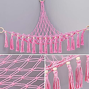 Stuffed Animal Net or Hammock with LED Light,(Large Size) Boho Handmade Cute Stuffed Animals Storage with Hooks for Hanging,Toy Storage Organizer for Kids Bedroom (Pink)
